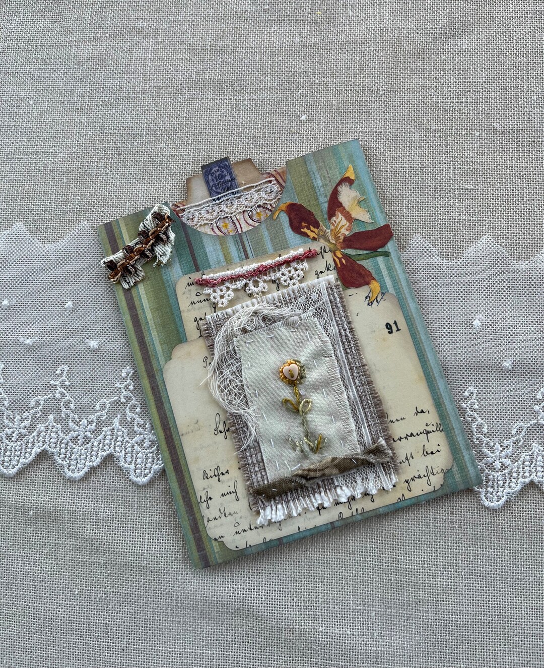 Hand Embroidered Floral Collaged Envelope and Journaling Card Two ...