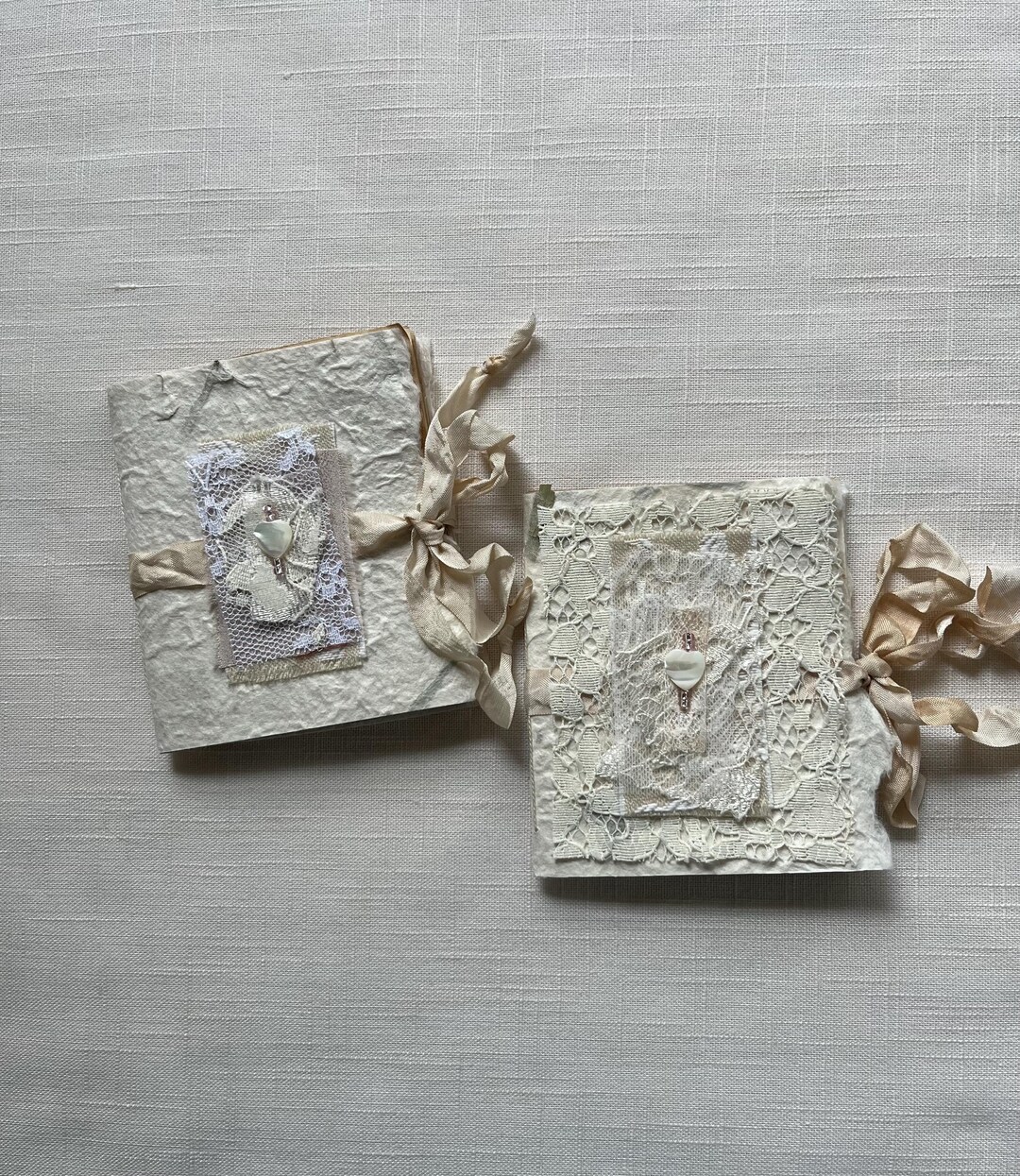 Two Handmade Paper Journals - Heart, Beads and Lace Collaged Design ...