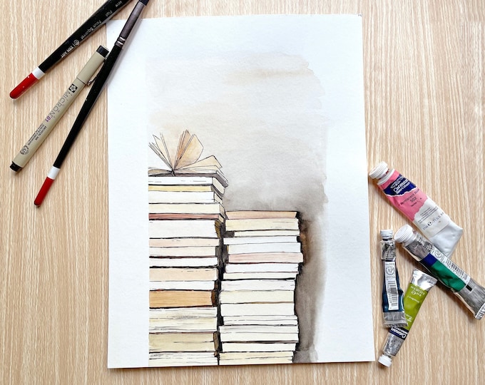Book Stack Watercolor Original Artwork Book Lover Bookshelf Decor, Home ...