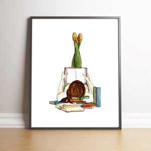 Girl Reading Watercolor Print, Book Lover Bookshelf Decor, Home Artwork ...