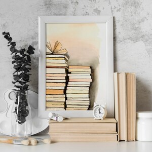Book Stack Watercolor Print, Book Lover Bookshelf Decor, Home Artwork ...