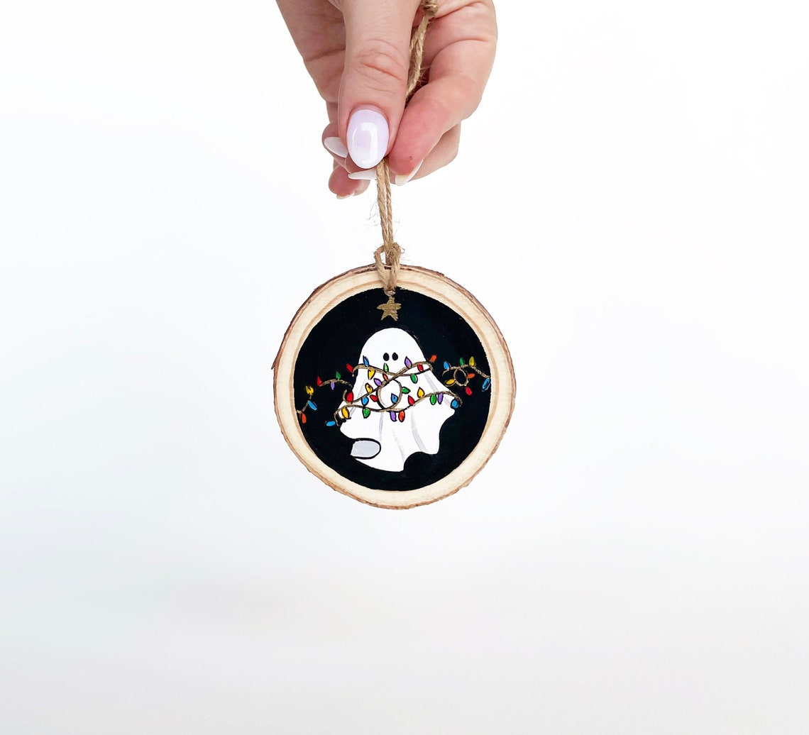 Christmas Tree Ghost Hand Painted Wood Slice Ornament - Etsy