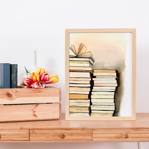 Book Stack Watercolor Print, Book Lover Bookshelf Decor, Home Artwork ...