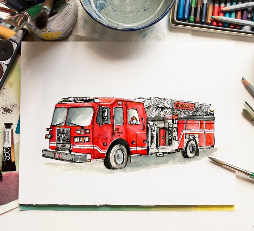 Fire Truck Watercolor Print Hand Painted Fire Truck - Etsy