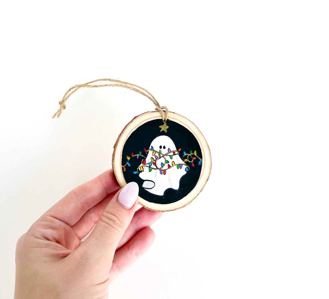Christmas Tree Ghost Hand Painted Wood Slice Ornament - Etsy
