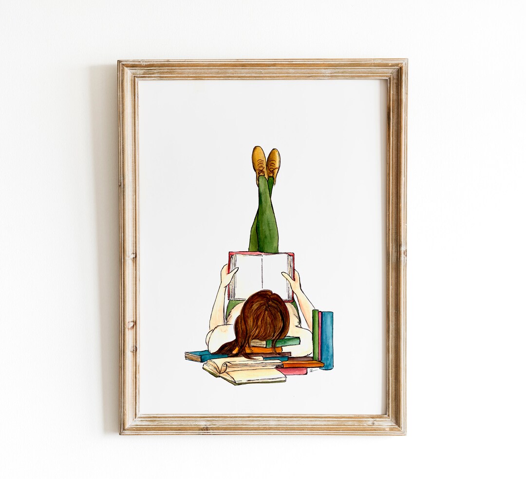 Girl Reading Watercolor Print, Book Lover Bookshelf Decor, Home Artwork ...