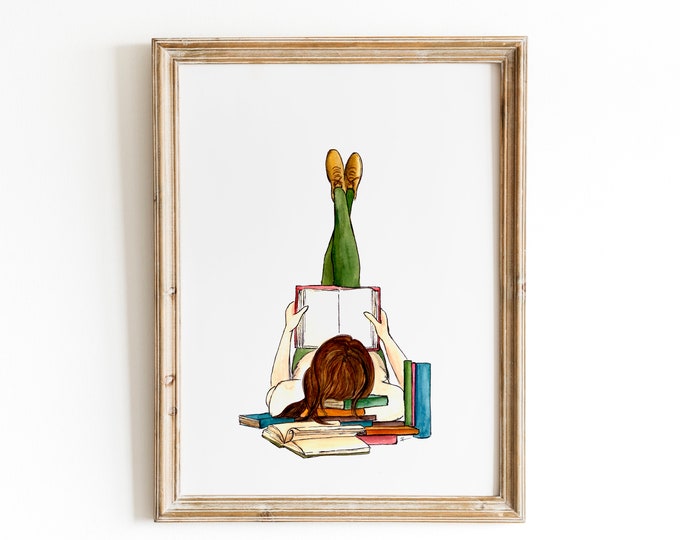 Girl Reading Watercolor Print, Book Lover Bookshelf Decor, Home Artwork ...