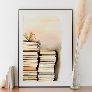 Book Stack Watercolor Print, Book Lover Bookshelf Decor, Home Artwork ...