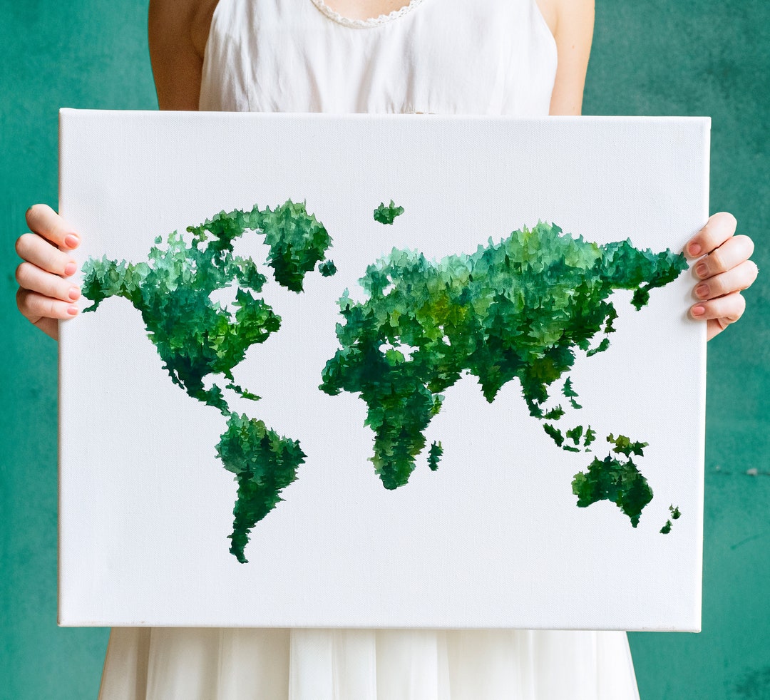 Watercolor Forest World Map Art Print: Botanical Travel Artwork - Etsy