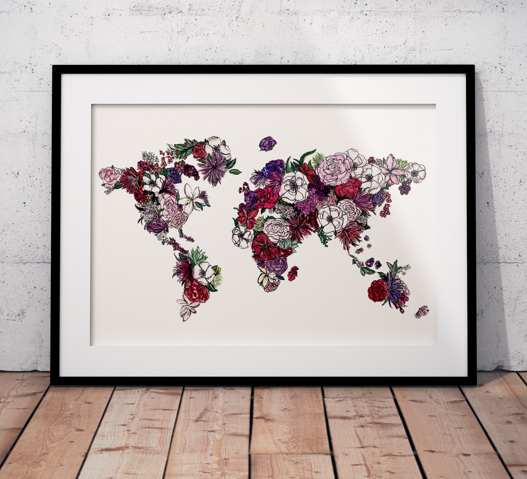Lilac Floral World Map Watercolor Print Watercolor Sketch - Etsy