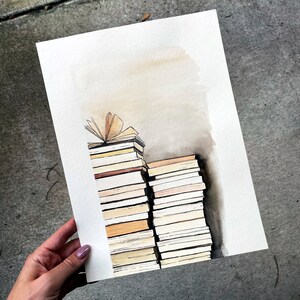 Book Stack Watercolor Original Artwork | Book Lover Bookshelf Decor ...