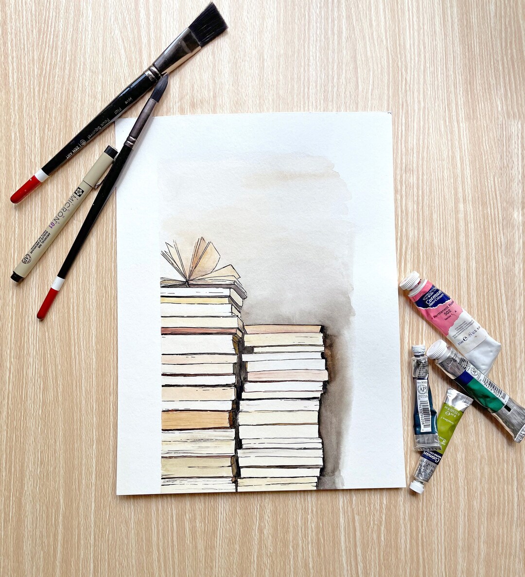 Book Stack Watercolor Original Artwork | Book Lover Bookshelf Decor ...