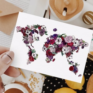 Lilac Floral World Map Watercolor Print, Watercolor Sketch | Travel ...