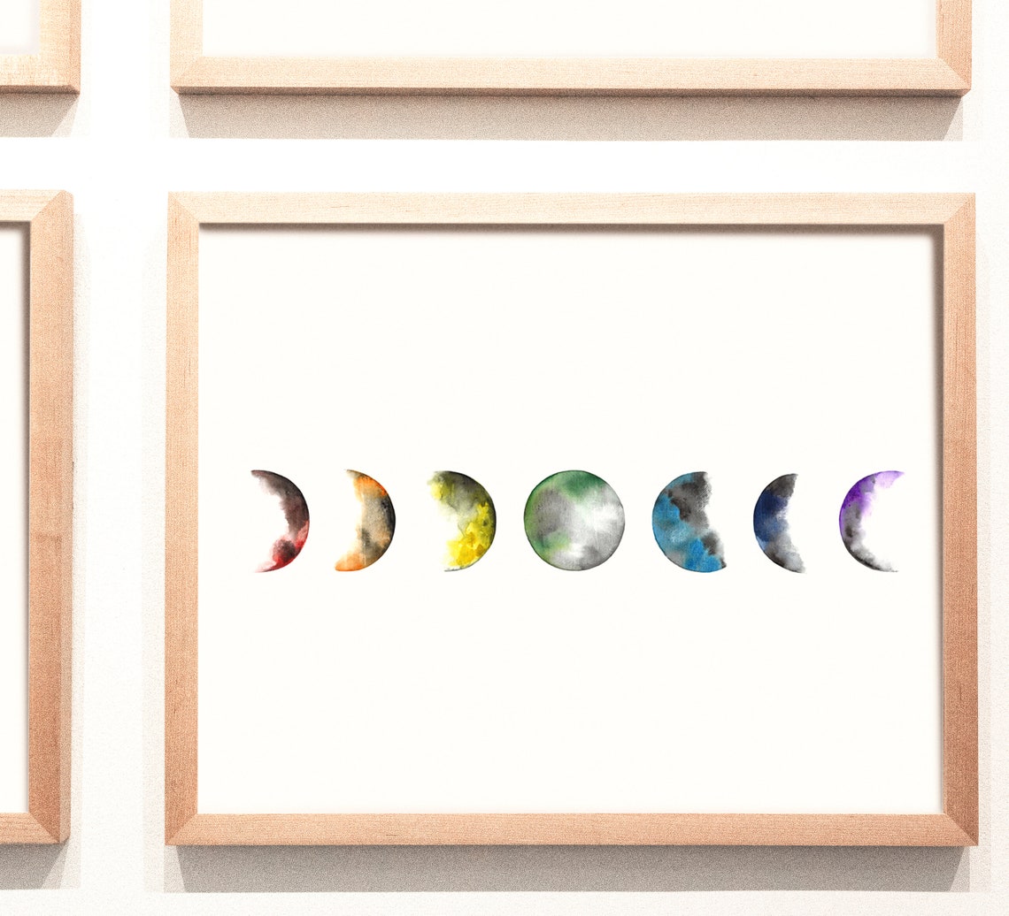 Rainbow Phases of the Moon Art Print Witchy Artwork Home & | Etsy