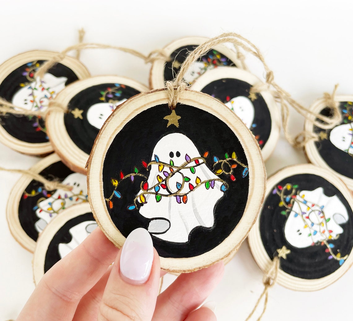 Christmas Tree Ghost Hand Painted Wood Slice Ornament - Etsy