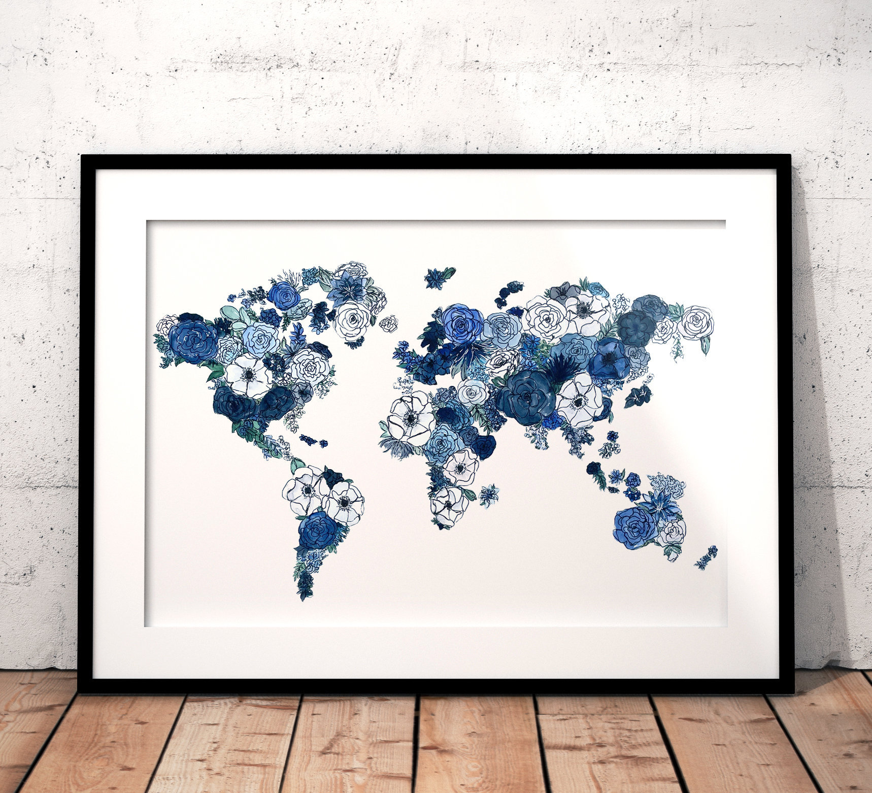Blue Floral World Map Watercolor Print Watercolor Sketch - Etsy