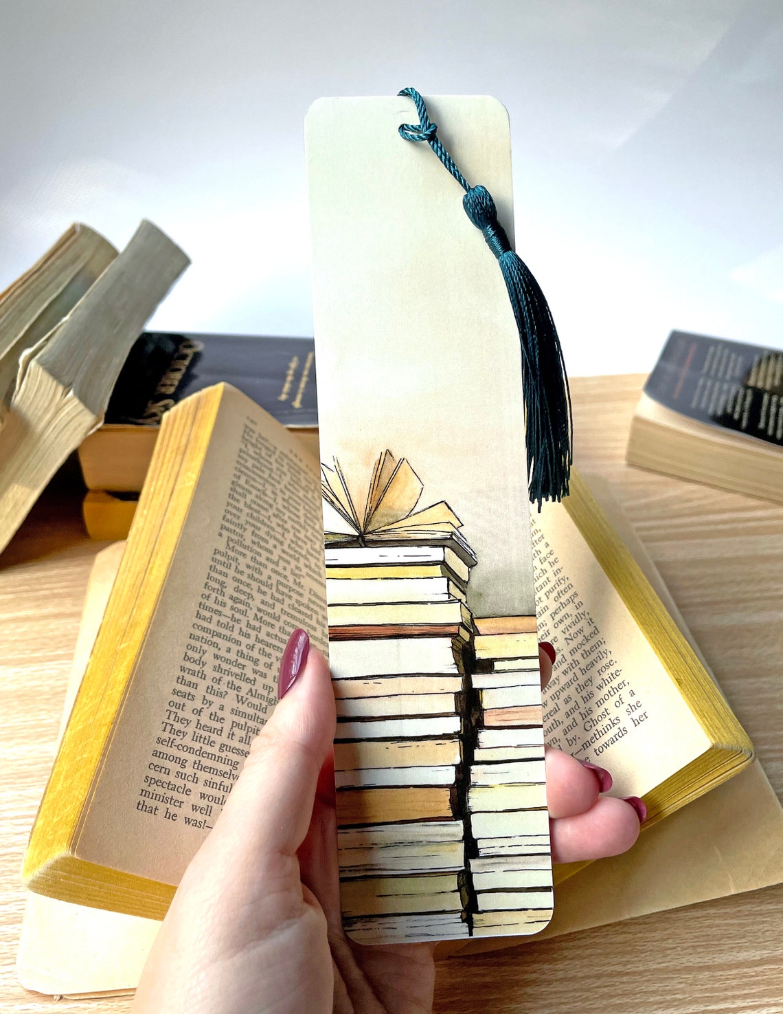 Book Stack Illustration Watercolor Bookmark Original - Etsy