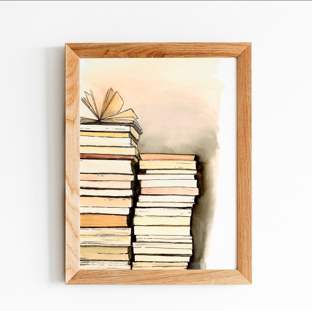 Book Stack Watercolor Print, Book Lover Bookshelf Decor, Home Artwork ...