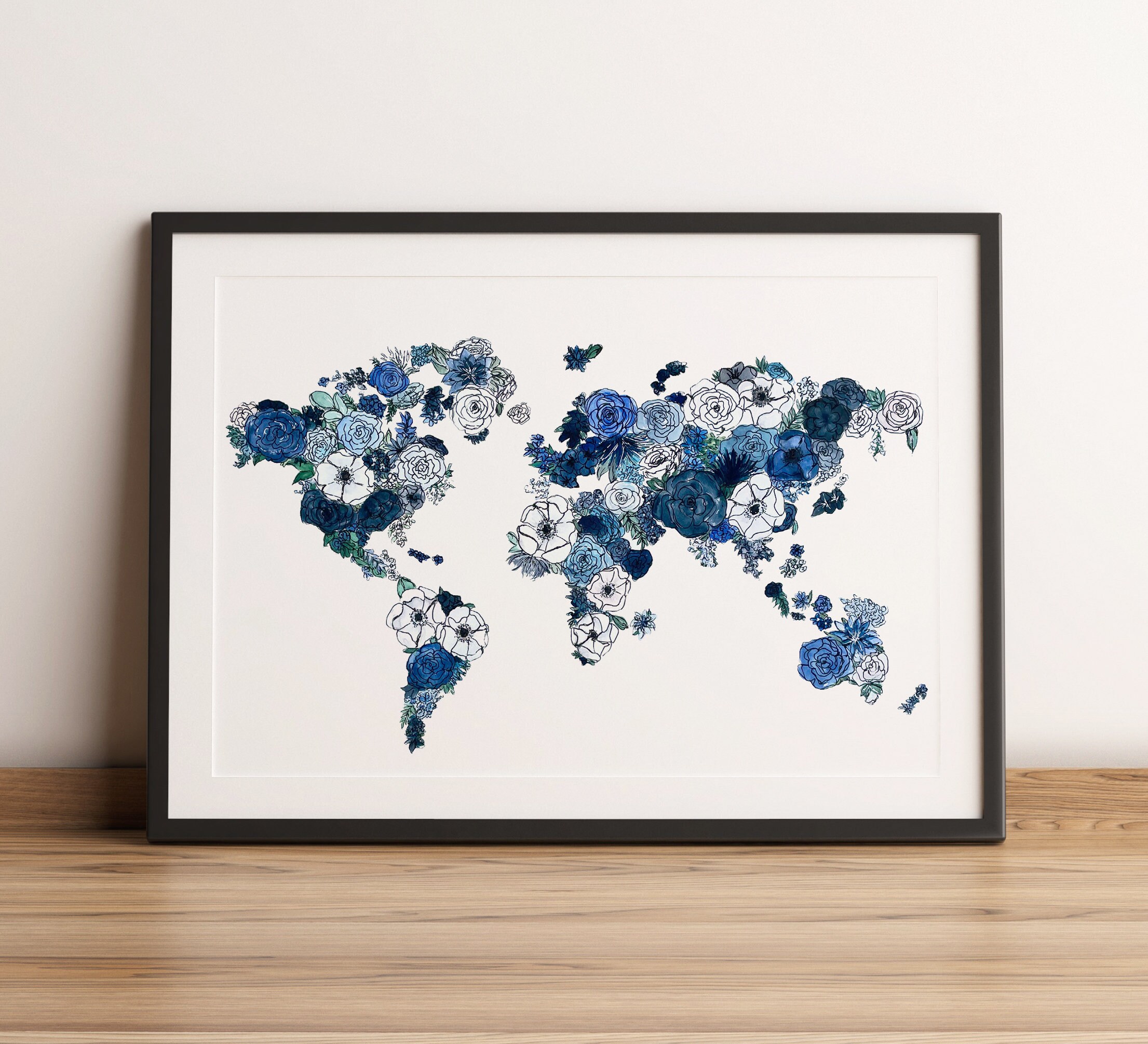 Blue Floral World Map Watercolor Print Watercolor Sketch - Etsy
