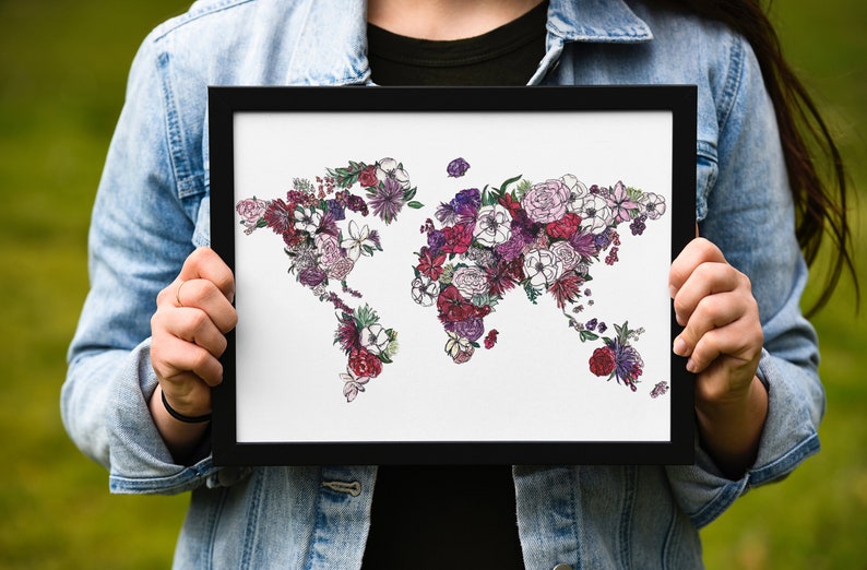 Lilac Floral World Map Watercolor Print Watercolor Sketch | Etsy