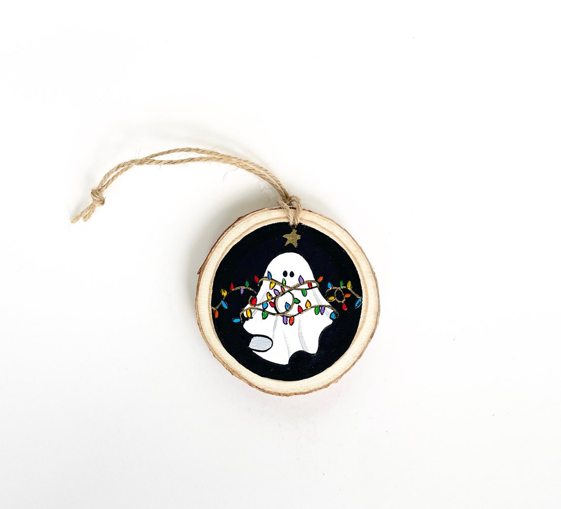 Christmas Tree Ghost Hand Painted Wood Slice Ornament - Etsy
