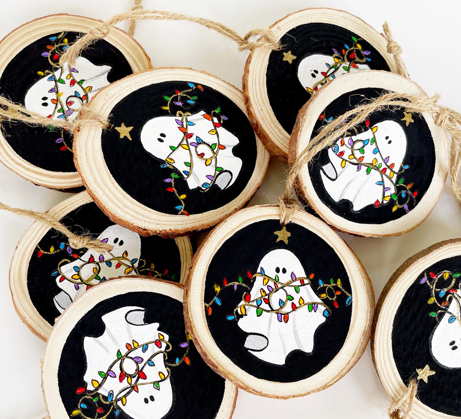Christmas Tree Ghost Hand Painted Wood Slice Ornament - Etsy