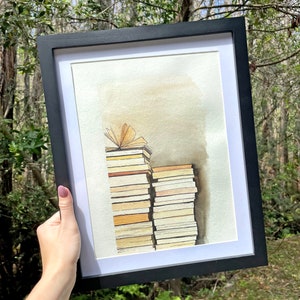 Book Stack Watercolor Original Artwork | Book Lover Bookshelf Decor ...