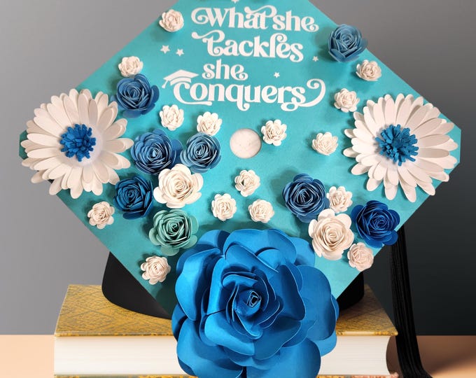 Graduation Cap Toppers Blue White Roses 3D Paper Flower Graduation Cap ...