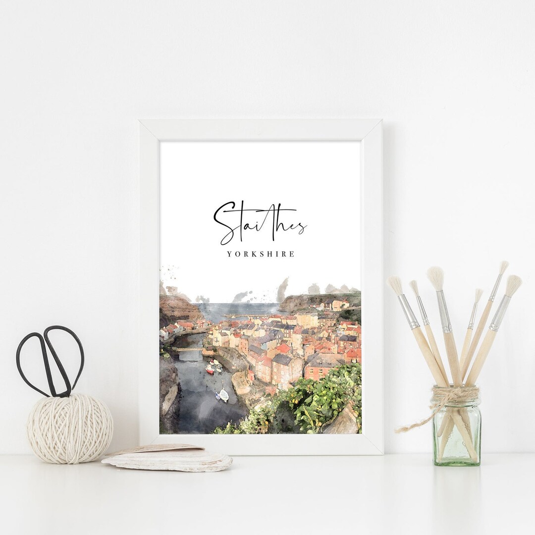 Staithes Watercolour Painting Illustration Print, British Countryside ...
