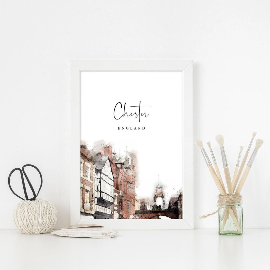 Chester Watercolour Painting Illustration Print, British Skyline ...