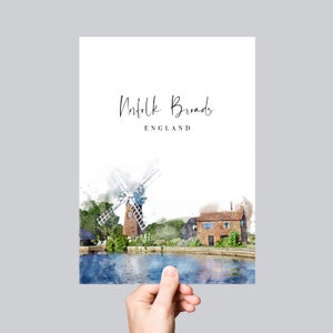 Norfolk Broads Watercolour Painting Illustration Print, British Coastal ...