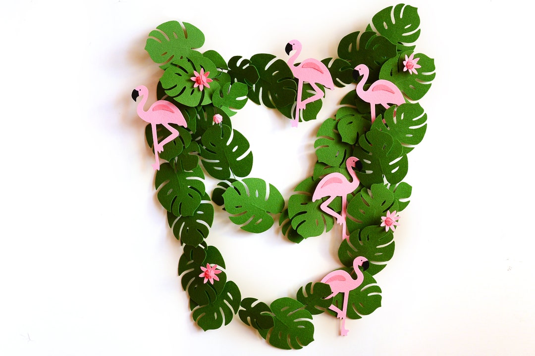 Flamingos and Monstera Felt Garland, Tropical Greenery, Liana, Banner ...