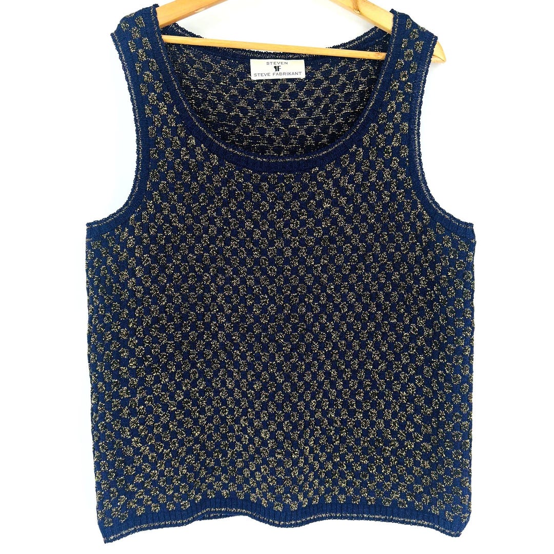 Steve Fabrikant Vintage Blue Gold Metallic Wool Rayon Sleeveless Tank ...