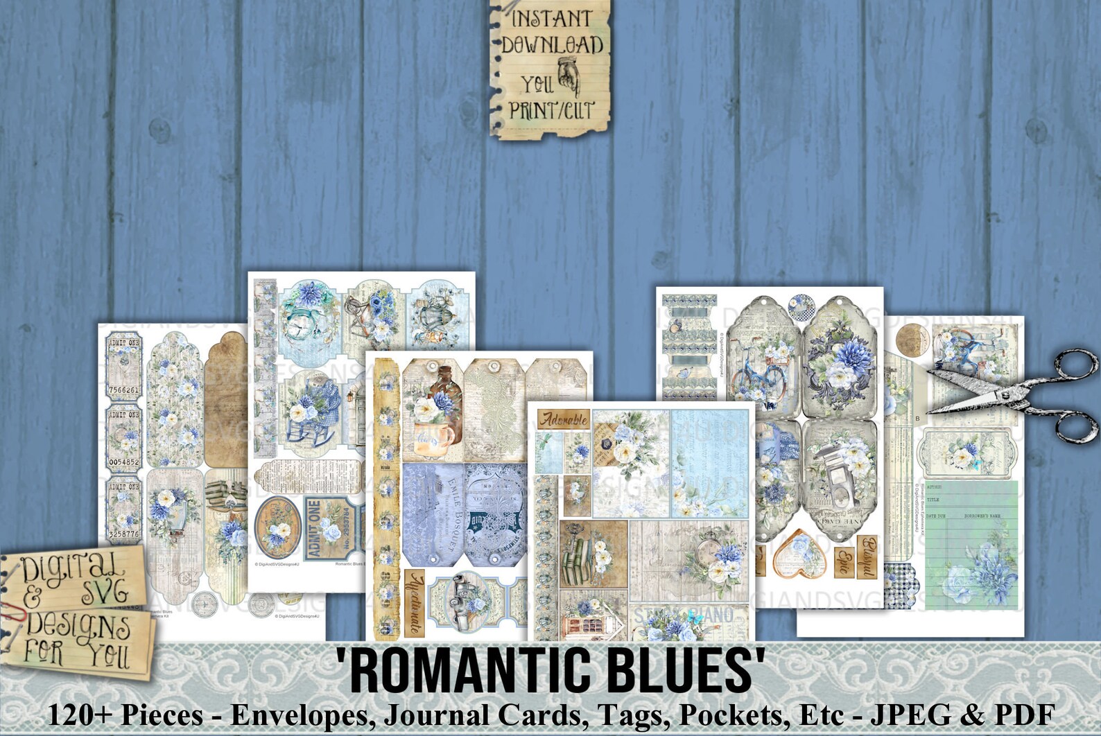 Romantic Blues, Shabby Chic, Ephemera, Embellishment, Words, Tags ...