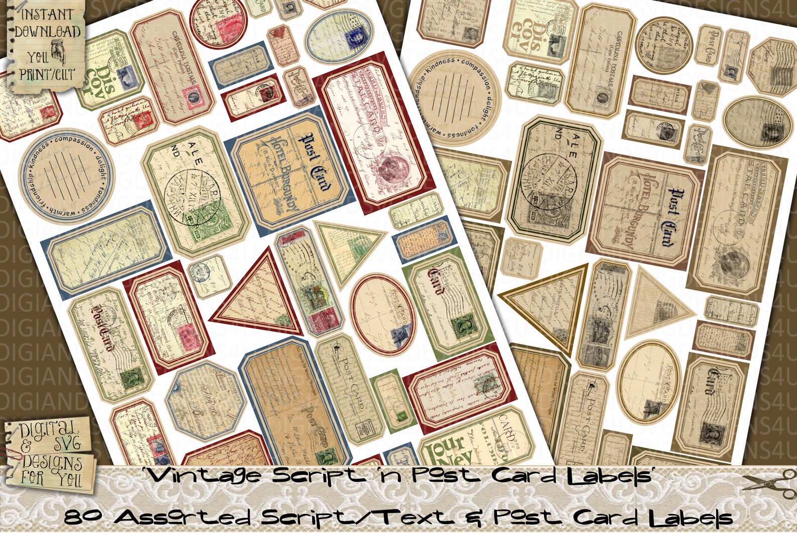 Vintage Script Labels, Text, Post Cards, Grunge, Printable, Junk ...