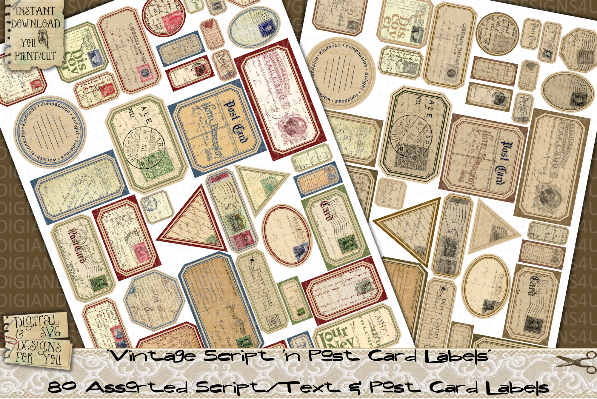 Vintage Script Labels Text Post Cards Grunge Printable - Etsy