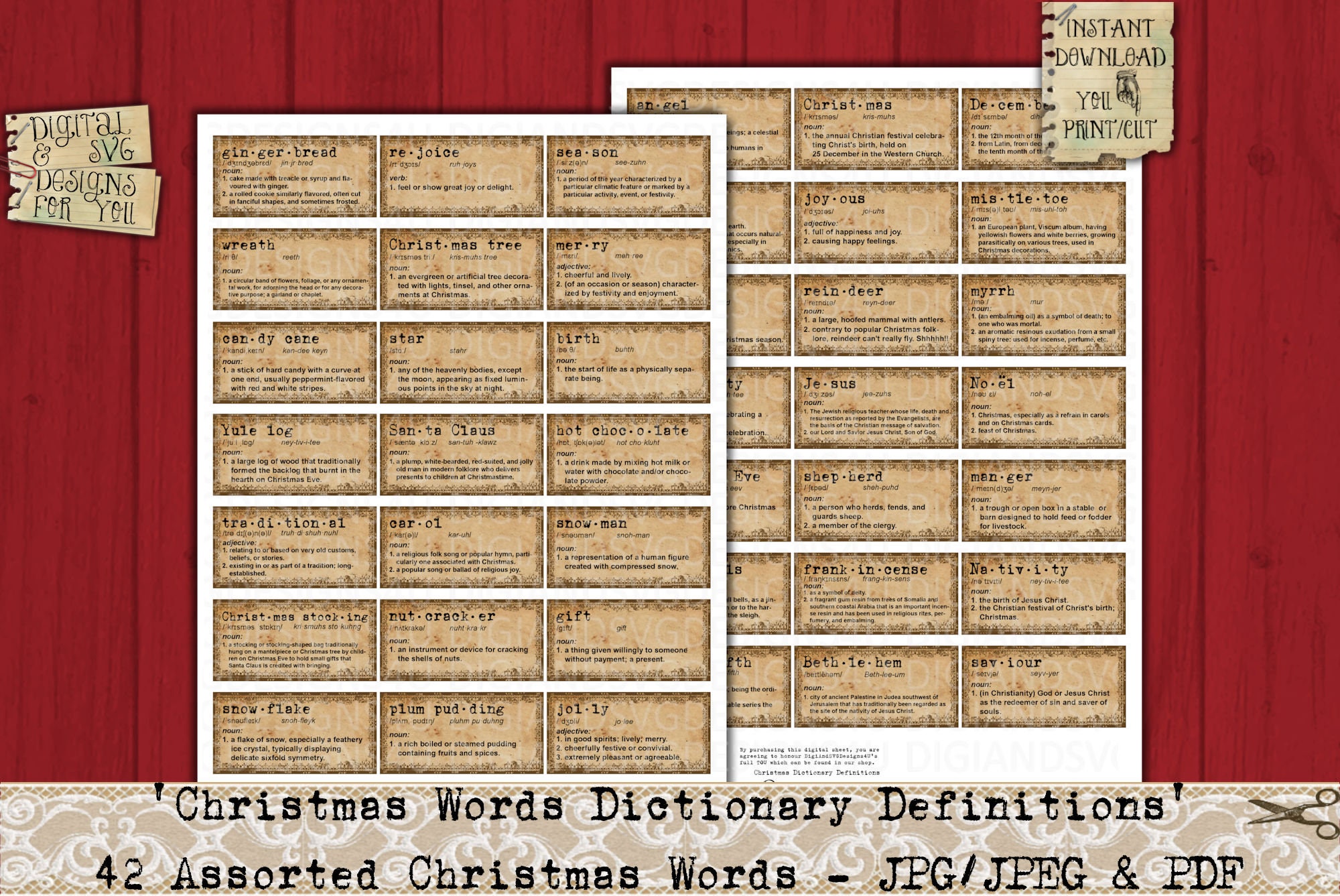Christmas Words Dictionary Definitions Vintage Labels - Etsy