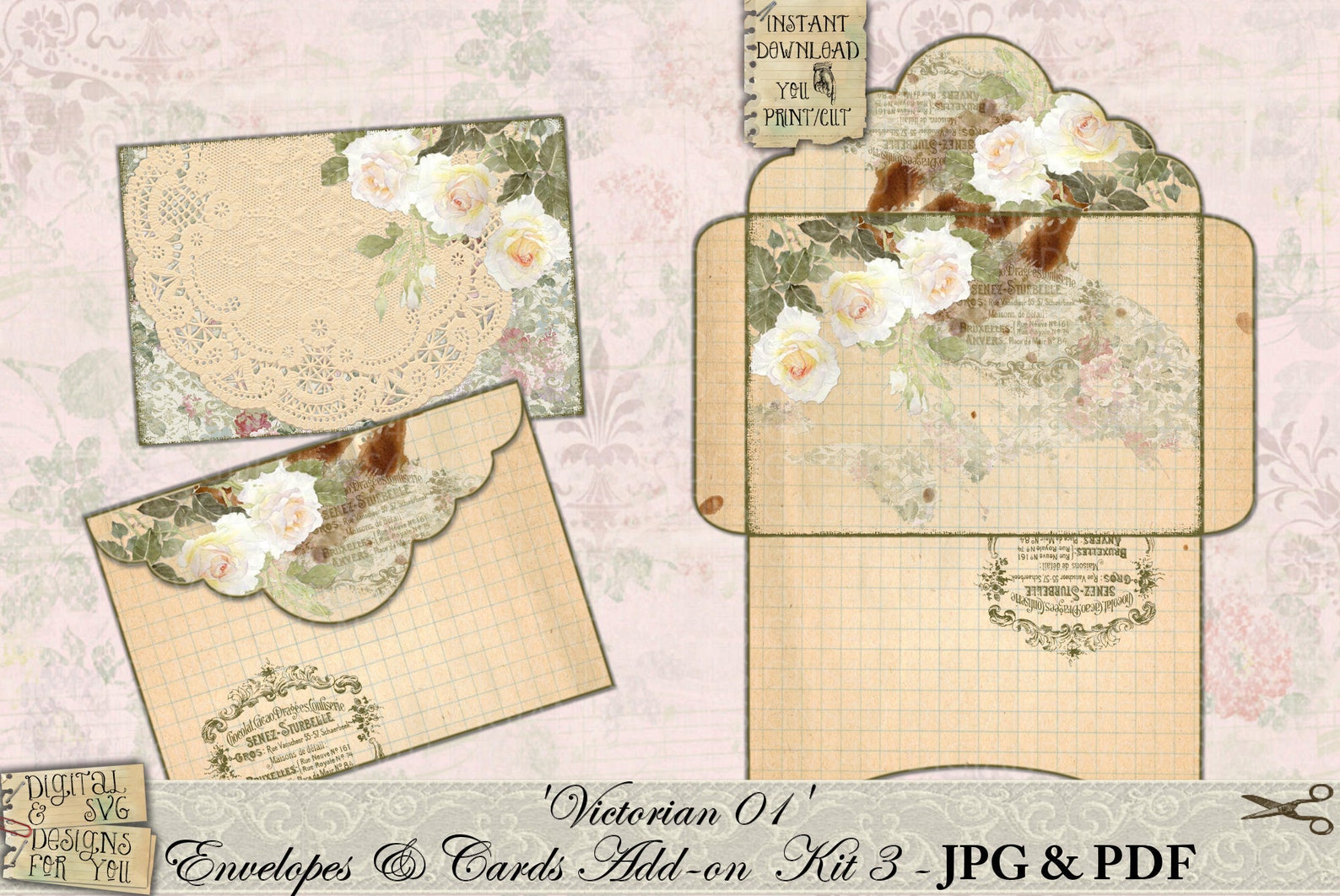 Shabby Chic, Victorian, Envelopes, Cards, Add-on 03, Junk Journal, Kit ...