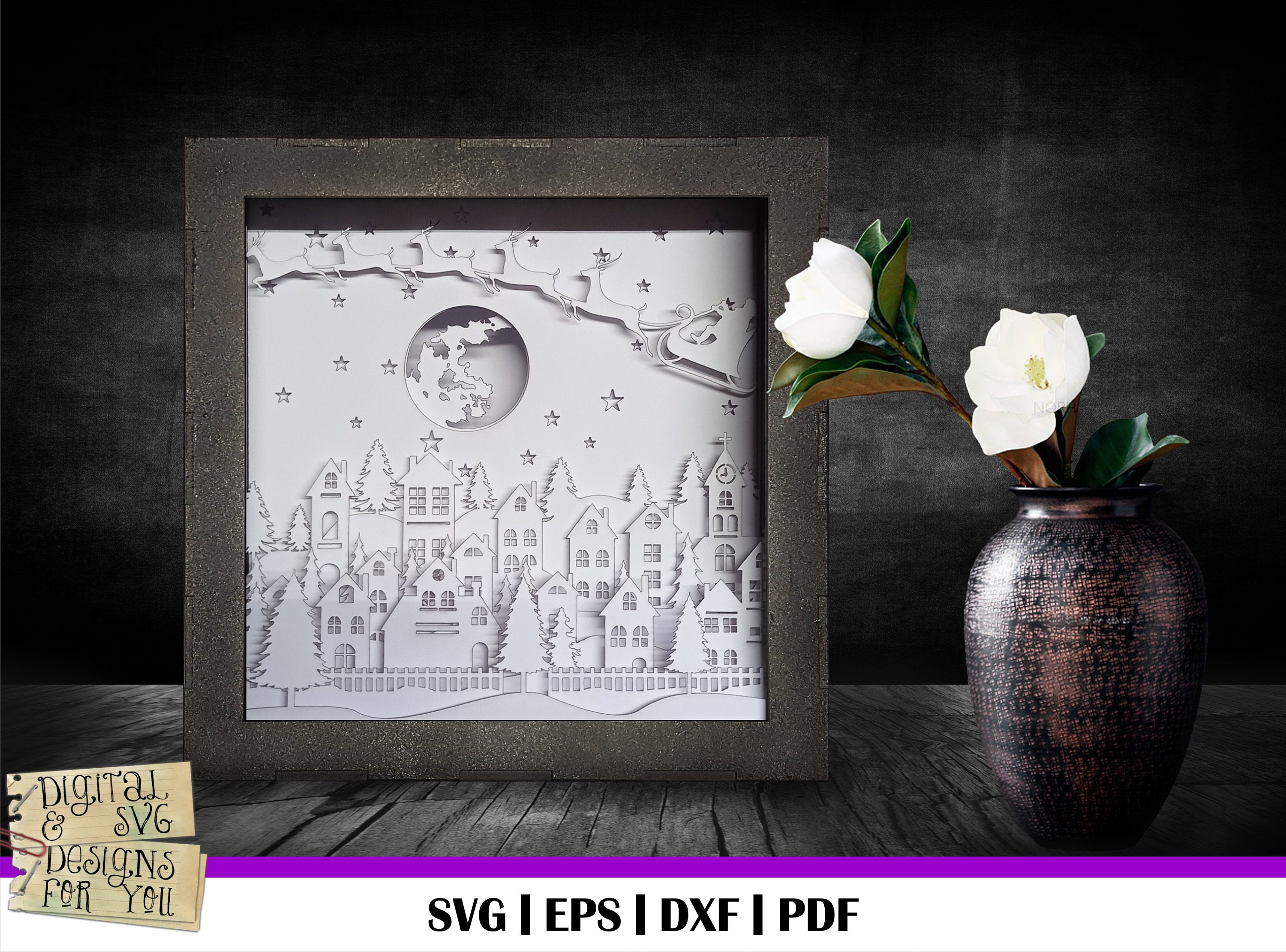 Christmas 5 - 3D Shadow Box, Santa Over City, Light Box, 3D Shadow Box ...