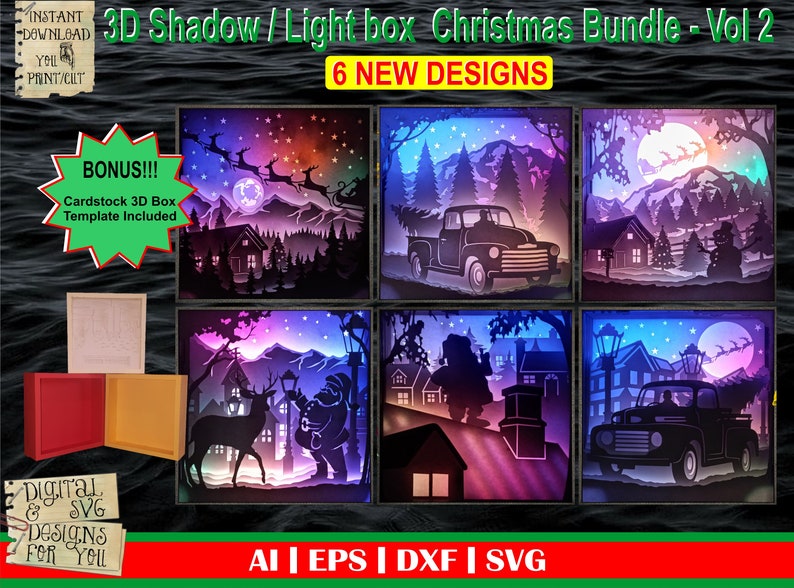 3D Christmas Bundle Vol 2 - Shadow Box Templates, 3D Light Box, Santa ...