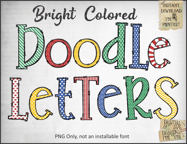 Doodle Letters Png Doodle Alphabet Colored Doodle Letters | Etsy