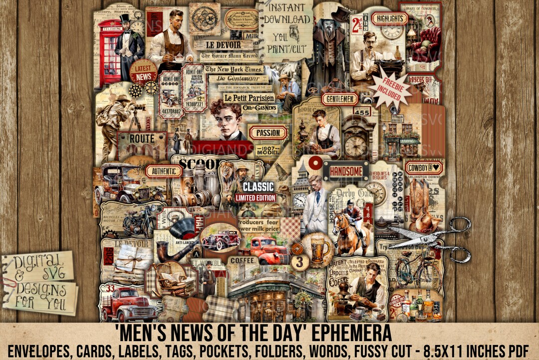 Men’s News of the Day, Ephemera, Masculine, Vintage Grunge, Journal ...