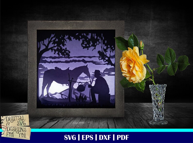 Cowboy Campfire 3D Shadow Box Template, Light Box SVG, 3D Shadow Box ...