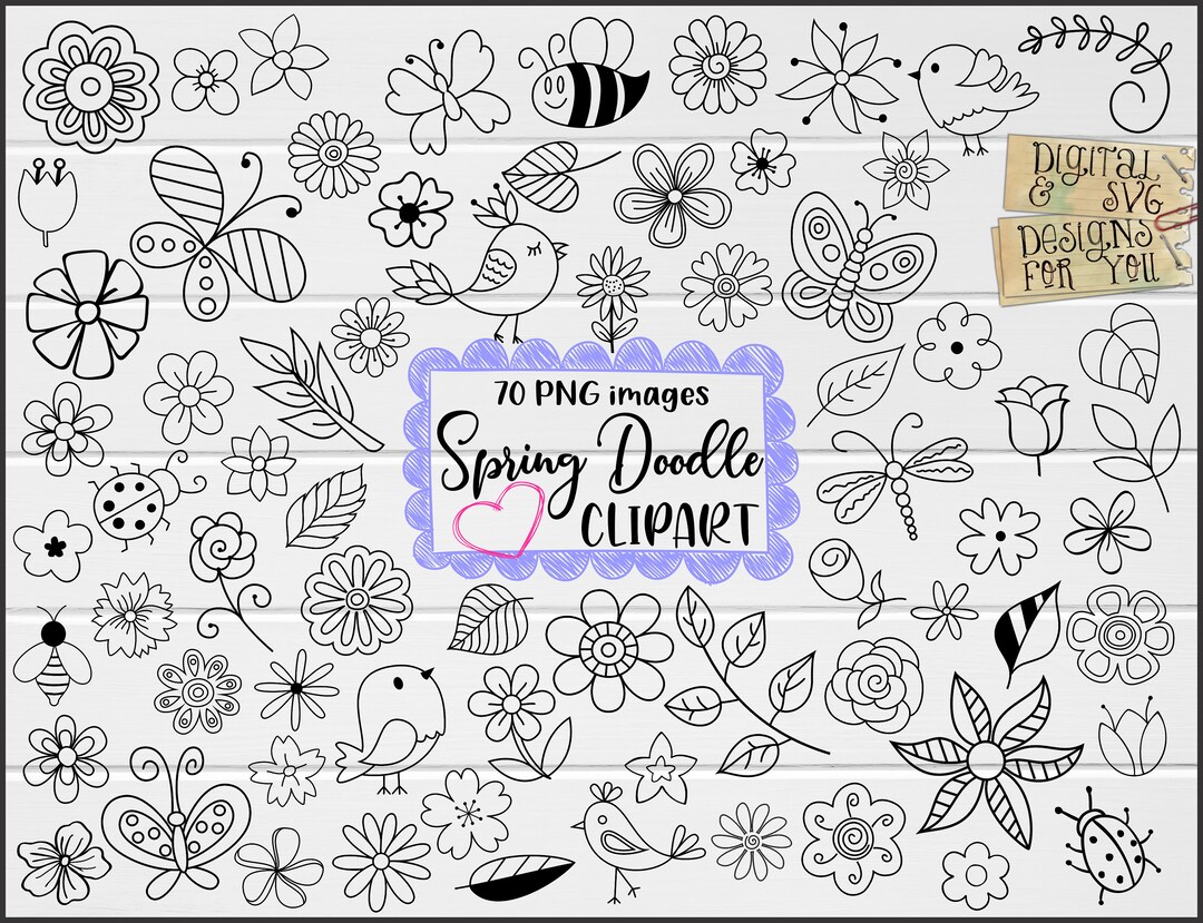 Spring Doodle Clipart, Flower Clipart, Hand Drawn Flowers, Branches ...