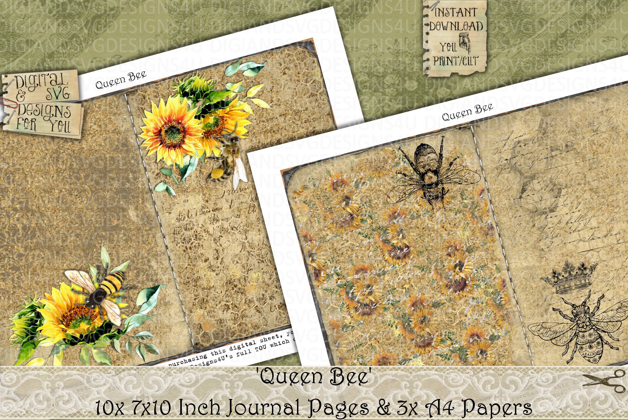 Queen Bee, Vintage, Bee Printable Paper, Sunflowers, Junk Journal, Text ...