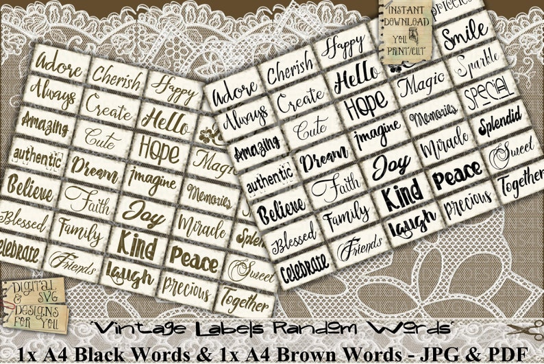 Vintage Labels Random Words Inspirational Words Printable - Etsy