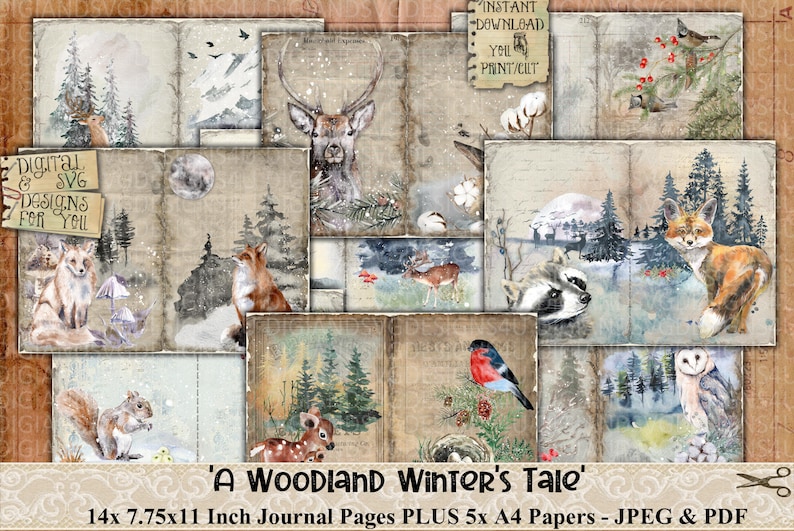 Woodland, Winter, Tale, Forest, Animals, Tree, Snow, Vintage, Shabby ...