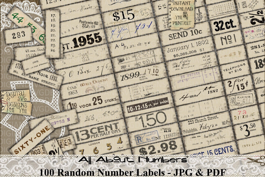 Vintage, Numbers, Labels, Tags, Planner, Grunge, Printable, Junk ...