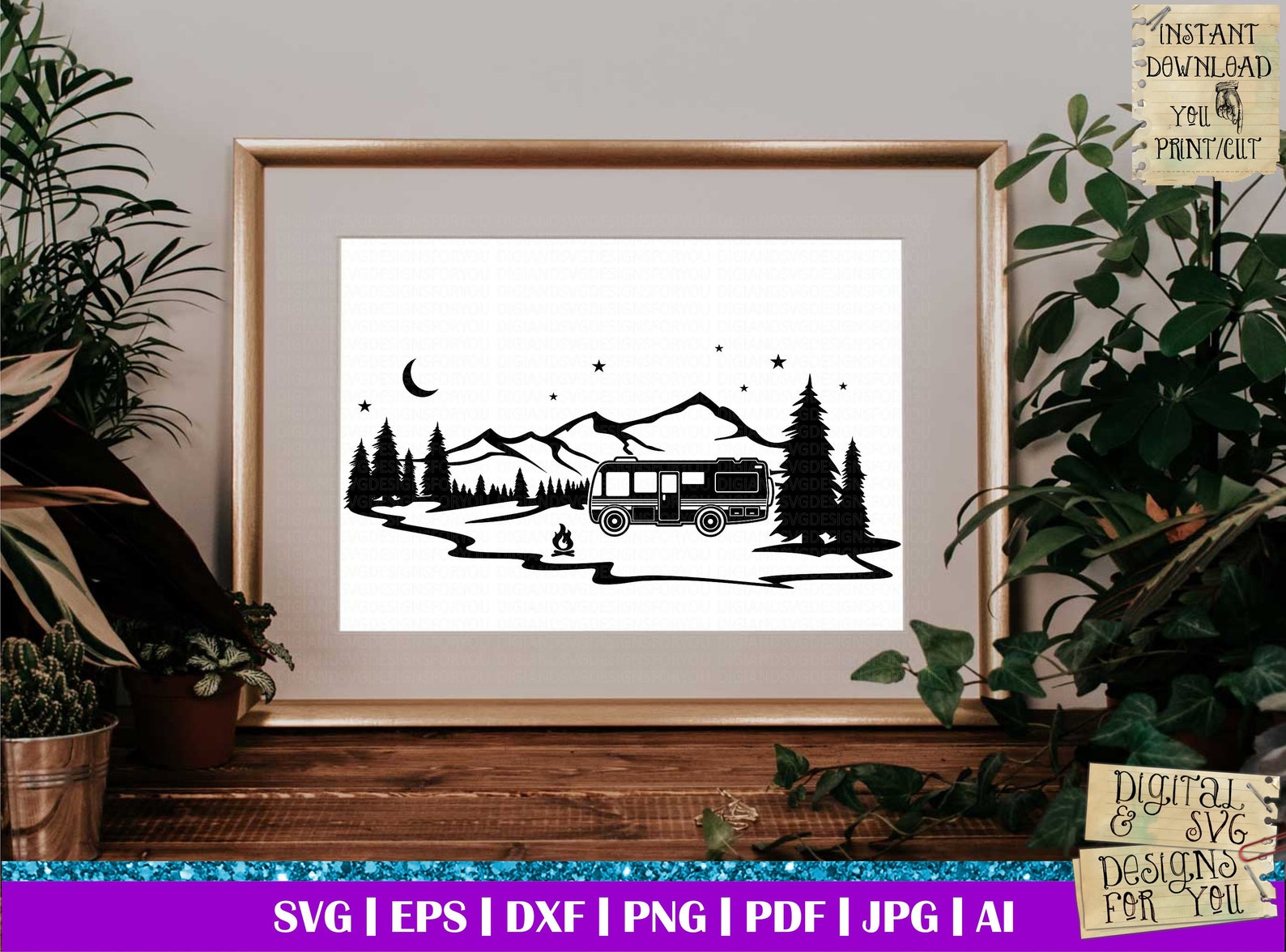 Starry Night Forest RV Camper Svg Png Eps Dxf Mountain - Etsy