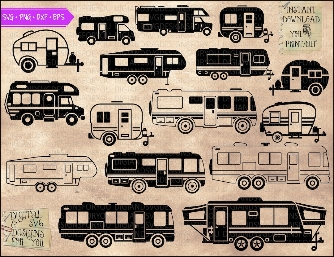 Camper, RV and Trailer Bundle Svg, Png, Eps, Dxf, Camping Clipart ...